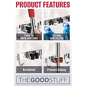 Mop and Broom Holder Wall Mount, Keep your Closet and Garage Tidy with a Heavy Duty Wall Mounted Mop and Broom Holder, - Utility Rack Laundry Room Organization and Storage Tool Rack Organizer Hooks