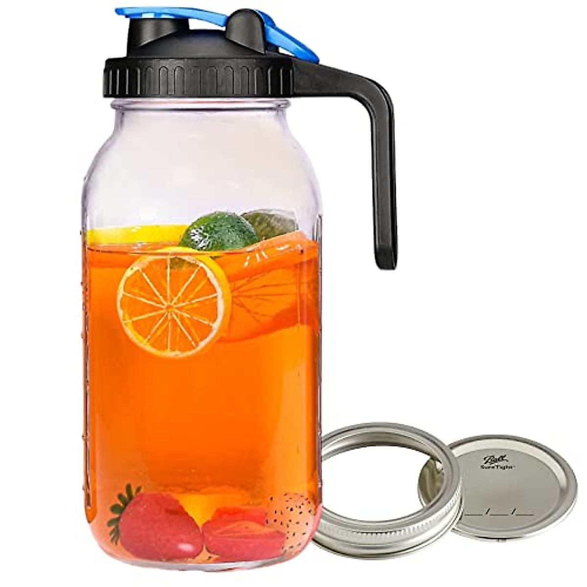 64 OZ Mason Jar Pitcher Wide Mouth 64 oz Mason Jar Pitcher with Airtight Lid and metal lid and band - 2 Quart Pitcher for Iced Tea, Sun Tea, Juice, Coffee (Blue)