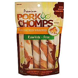Pork Chomps Baked Pork Skin Dog Chews, 6-inch Twists, Real Chicken Wrap, 4 Count