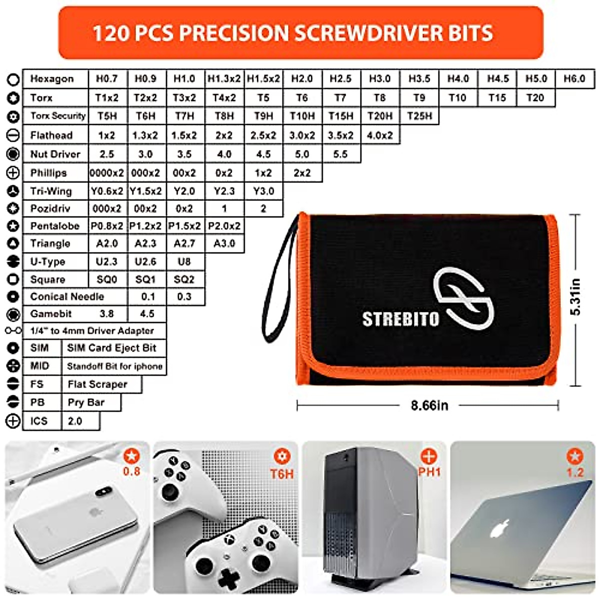 STREBITO Precision Screwdriver Set 142-Piece Electronic Repair Tool Kit with Torx T5 T6 T8 T15, Triwing Y000, Star P5, Gamebit, Tech Toolkit for Computer, Laptop, iPhone, Nintendo, PS5, Ring, Orange