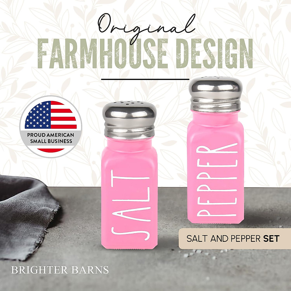 Pink Salt and Pepper Shakers Set by Brighter Barns - Pink Kitchen Accessories - Cute Glass Shakers - Pink Kitchen Decor - Pink Decor for Home Restaurants Wedding & Stainless Steel Lid (Pink)