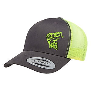 Love Sketches Embroidered Fishing Jumping Bass Trucker Snapback Cap Mesh Back Men and Women (Charcoal/Neon Green)