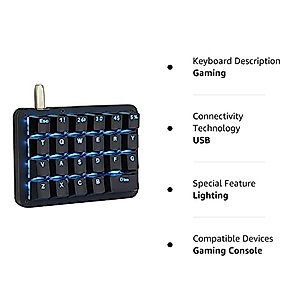Koolertron One Handed Macro Mechanical Keyboard,Blue LED Backlit Portable Mini One-Handed Mechanical Gaming Keypad 23 Fully Programmable Keys (Blue backlit/Blue switches)