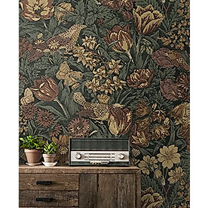 NextWall Bird Floral Vintage Peel and Stick Wallpaper (Mahogany & Graphite)