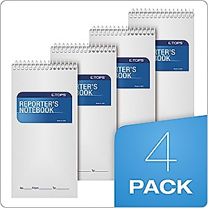 TOPS Reporter's Notebooks, 4" x 8", Wide Rule, 70 Sheets, 4 Pack (80304)