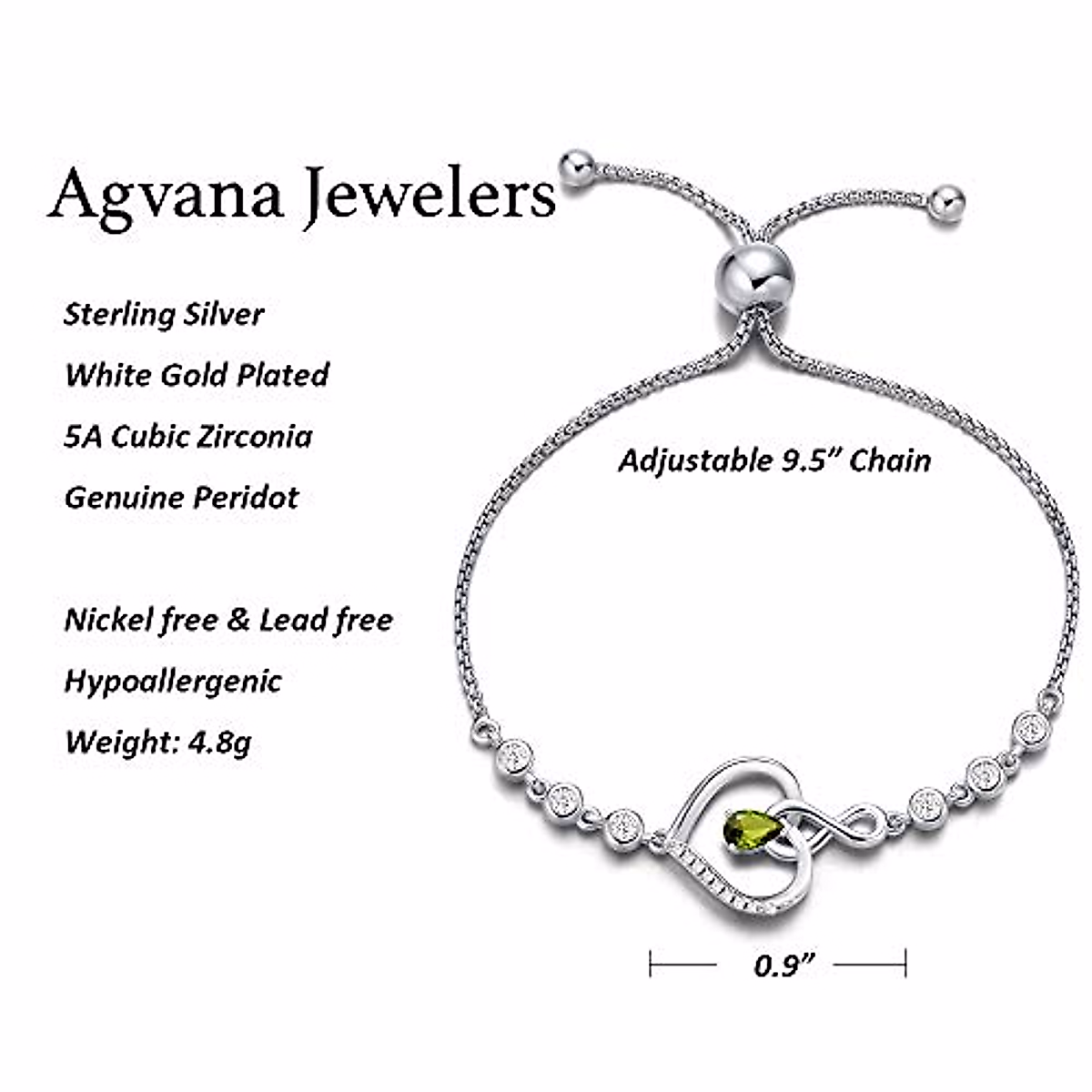 AGVANA August Birthstone Jewelry Peridot Bracelet for Women Sterling Silver Heart Tennis Bracelets Infinity Love Bolo Bracelet Fine Jewelry Anniversary Birthday Gifts for Women Girls Mom Wife Her