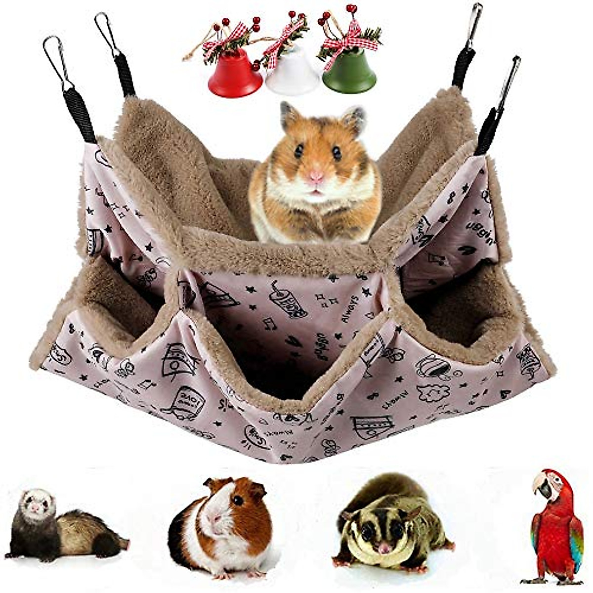 Small Pet Cage Hammock with 3 Christmas Bell Ornaments,Triple Layer Hammock Hamster Guinea Pig Cage Accessories Bedding Cozy Ferret Tunnel Cave Small Animals Bed for Chinchilla Sugar Glider (Pink)