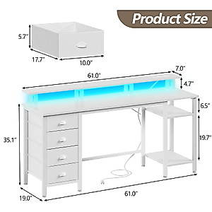 Furologee 61 Inch Desk with 4 Drawers, Computer Desk with Power Outlets and LED Lights, Office Desk with Long Monitor Stand, Large Gaming Desk with Shelf for Home Office/Bedroom/White