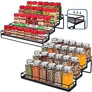 IFELS Spice Rack Organizer for Cabinet, 4 Tier Seasoning Organizer, Expandable Spice Rack Shelf,Step Spice Storage Holder, for Kitchen Cabinet Countertop,with Protection Railing, Metal (Black,2 PC)