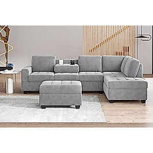Acosure 112" Modern L-Shape Couch Set with Reversible Chaise,Sectional Convertible Sofa W/Storage Ottoman & 2 Cup Holders,Easy Assembly,6 Seat Sleeper Furniture for Living Room Apartment,Gray Velvet
