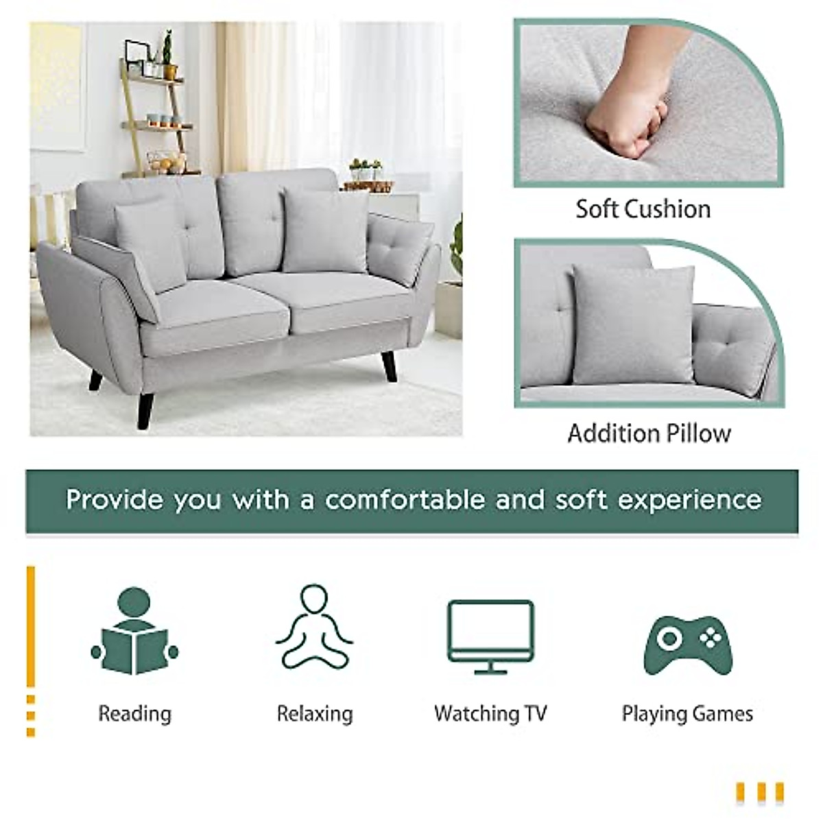 JAMFLY 63" Loveseat Sofa, Mid Century Small Sofa Modern Love Seat Couches for Living Room, 2-Seat Small Couch with Back Cushions and Pillow, Small Space Sofa for Bedroom, Apartment