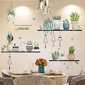 Green Pot Plants Leaves Wall Decals Wall Stickers for Bedroom Leaf Wall Mural as Wall Decor for Living Room | 90cm x 180cm Removable Stickers for Home Walls Decoration as Housewarming Birthday Gift