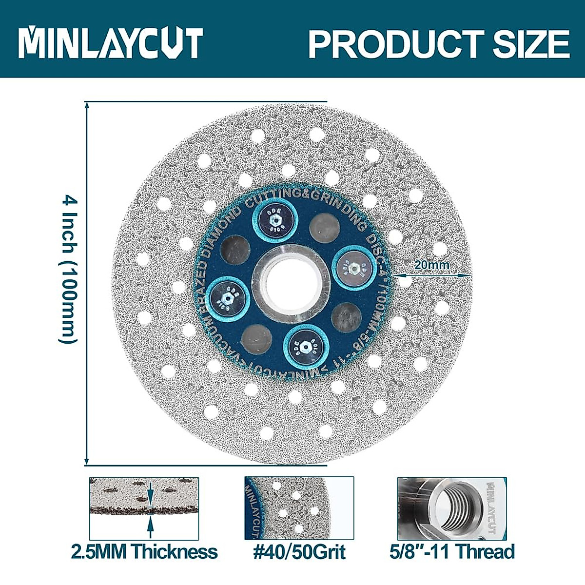 MINLAYCUT Diamond Cutting Grinding Discs - 4" Diamond Blade 100mm Double Side for Granite Marble Procelain Ceramic Tile Stone Concrete 5/8''-11 Thread