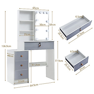Logimiz Vanity Desk with Mirror and Lights, Makeup Vanity Table with 3 Color and Brightness Adjustable, Girls Makeup Vanity with Stool and Drawers for Bedroom