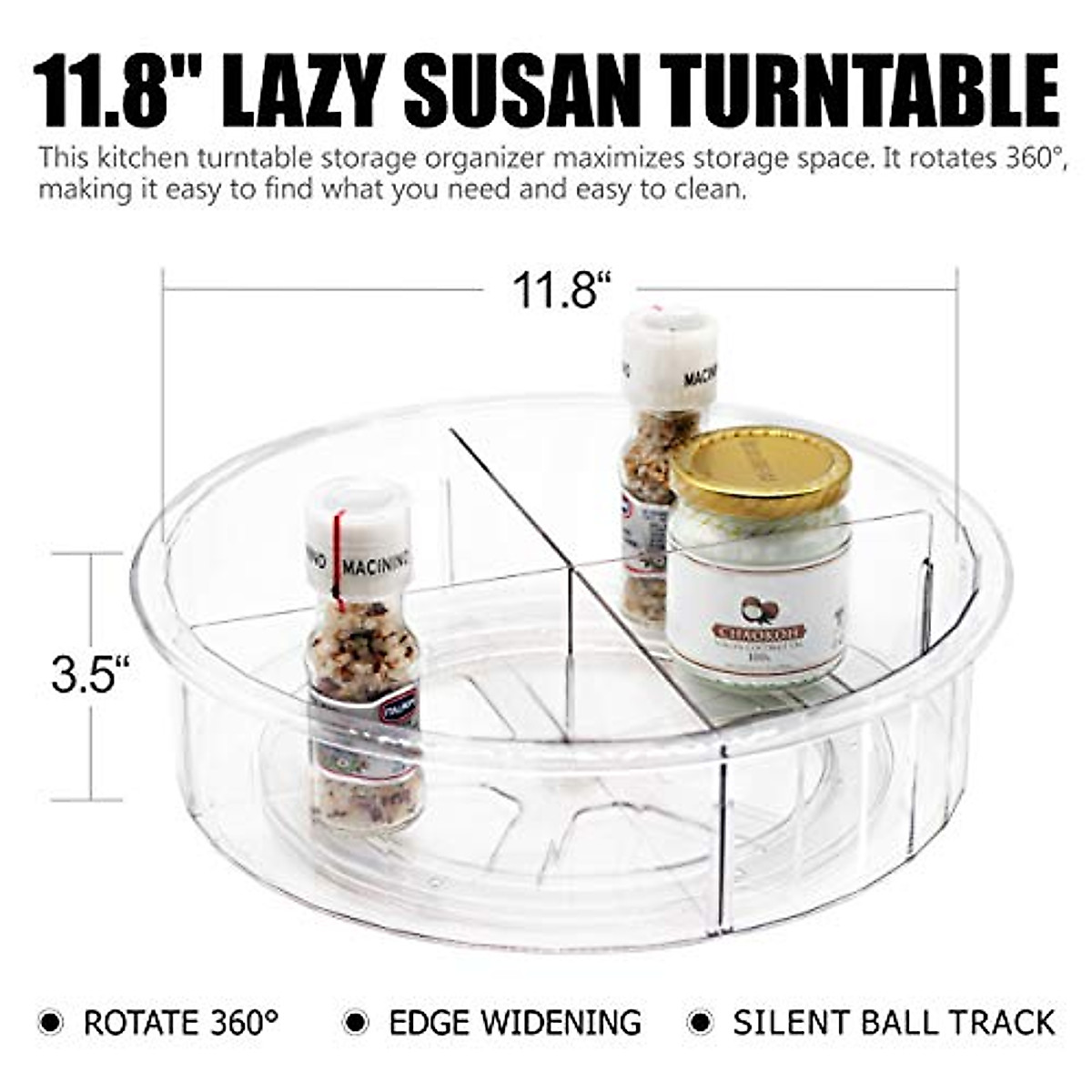 Popdylan Lazy Susan,360 Rotating Clear Plastic Spice Rack with Dividers,11.8“ Turntable Cabinet Organizer for Cabinet, Fridge, Kitchen, Bathroom, Vanity Display Stand 11.8in