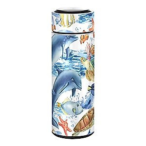 CaTaKu Small Water Bottle 12 oz, Sea Life Fish Turtle Insulated Water Bottle for Water Coffee Tea Stainless Steel Flask Thermos Bottle Reusable Wide Mouth Vacuum Travel Mug