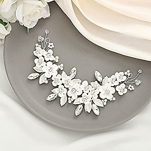 Unicra Silver Flower Bride Wedding Hair Vine Pearl Bridal Hair Piece Rhinestone Hair Accessories Leaf Headband for Women and Girls