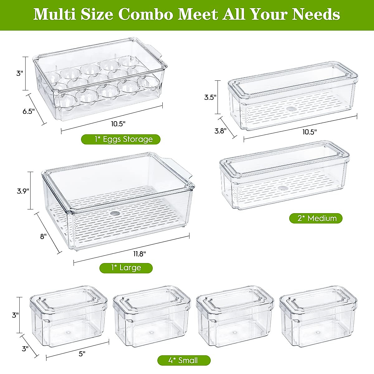 8 Pack Fridge Organizer with Egg Holder, PBA-Free Refrigerator Organizer Bins with Lids, Stackable Plastic Pantry Organizer Bins for Kitchen, Countertops, Cabinets, Fridge, Fruits, Vegetable, Cereals