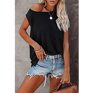 MIROL Women's Sleeveless Tank Tops Basic Loose Tunic T Shirts Batwing Sleeve Solid Color Casual Tee with Pocket Black