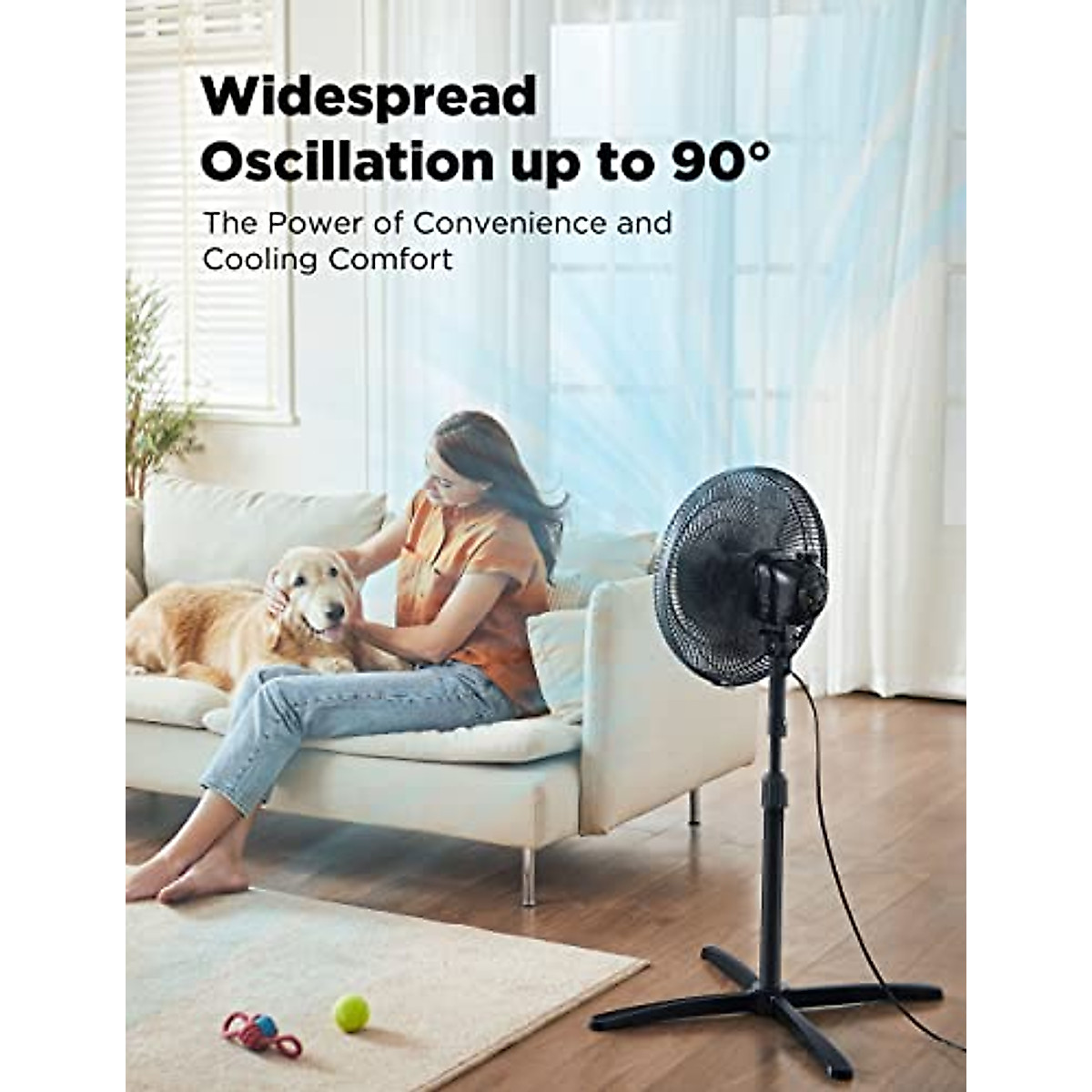 PELONIS Fan Portable 16 Inch Pedestal Fan| 3-Speed| 90° Oscillation| Adjustable Height| Standing Floor Fan for living room, bedroom, kitchen, and home office| Black, PFS40M2ABB