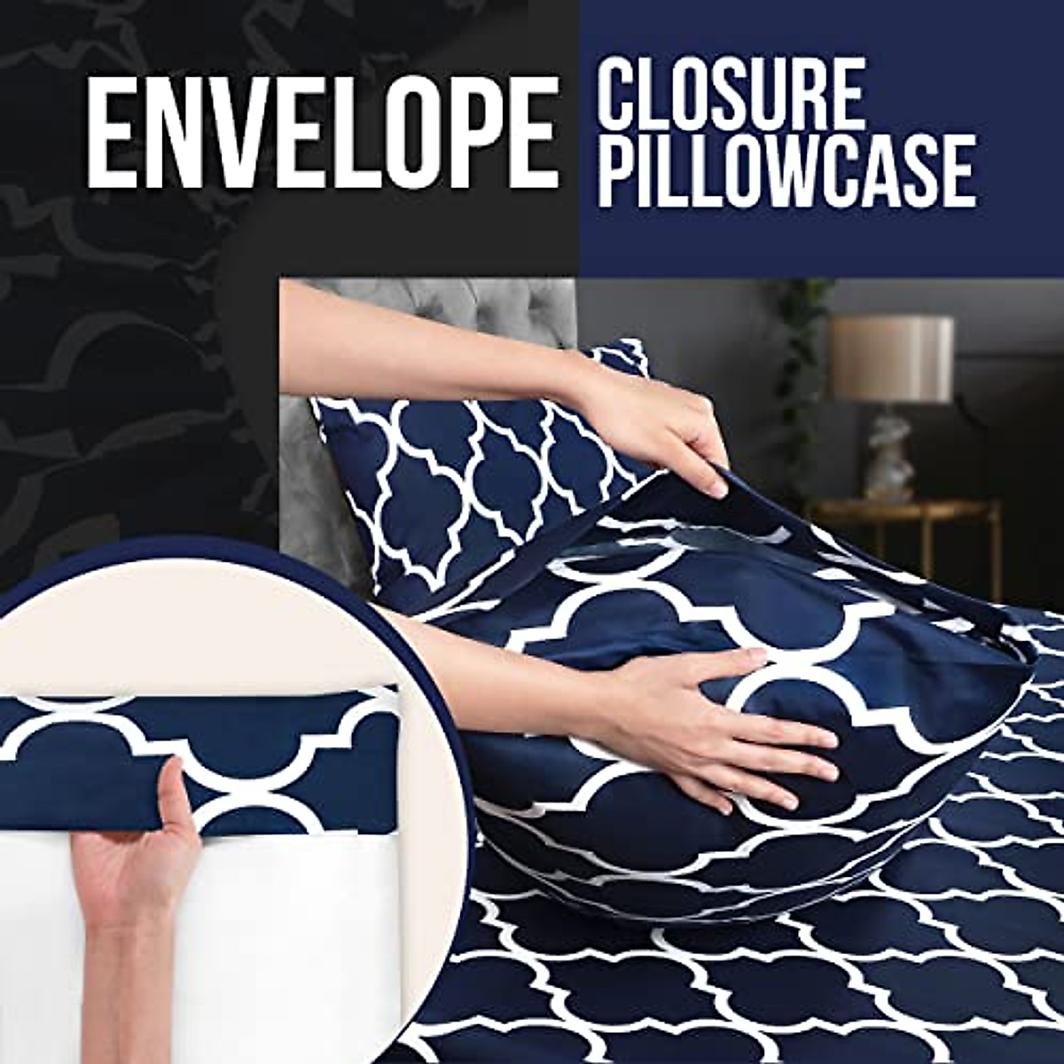 Utopia Bedding Queen Sheet Set, Soft Microfiber 4 Piece Bed Sheets with 16" Deep Pocket - Easy Care Brushed Microfiber (Quatrefoil - Navy)