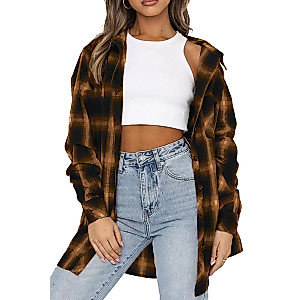 CHYRII Womens Button Down Flannel Shirts Long Sleeve Plaid Shacket Business Casual Tops Brown XL
