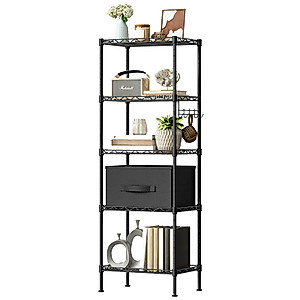 HOOBRO 5-Tier Storage Rack, Wire Shelving Unit with Adjustable Shelves, Standing Metal Shelf with Removable Drawer and 5 Hooks for Bathroom, Living Room, Bedroom, Kitchen, Black BK25CJ01