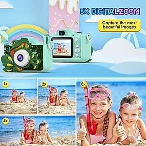 Dinosaur Camera for Kids with Cartoon Silicone Cover, Digital Mini Camera Toys for 3 4 5 6 7 8 9 10 11 12 Year Old Boys Girls Birthday Chirstmas Gifts Ideas - Personal Video Players (T-REX Green)