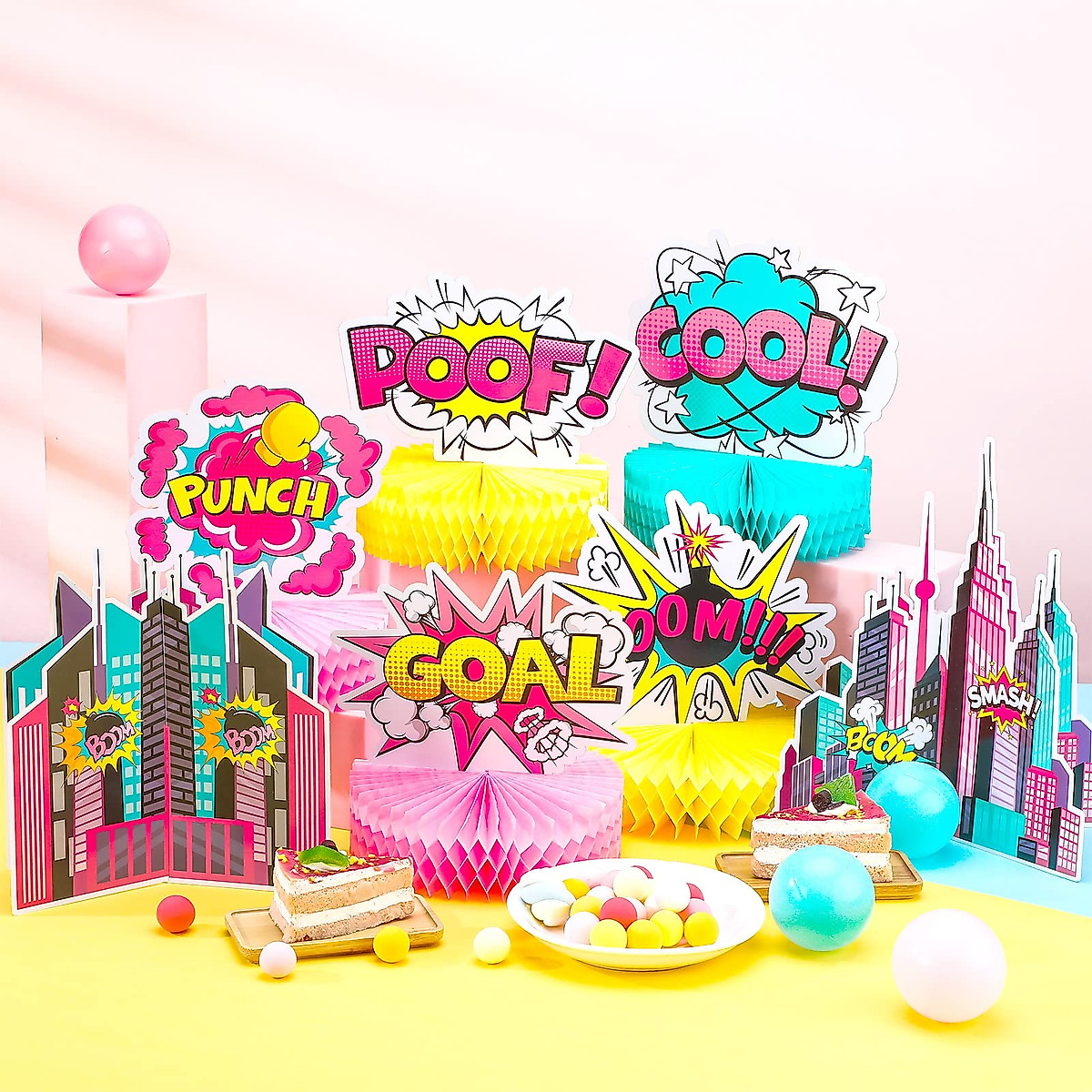8 Pcs Hero Girl Party Supplies Hero Honeycomb Action Sign Pink Table Topper Centerpiece Paper Cardboard Cutouts for Happy Birthday Baby Girl Shower Party Favor