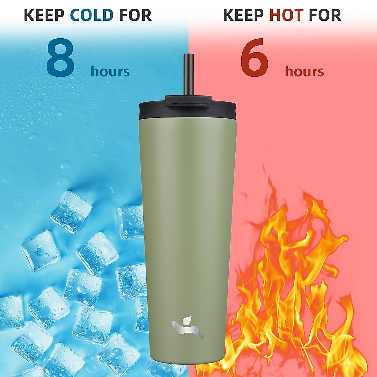 Konokyo 26 OZ Insulated Tumbler with Lid and 2 Straws Stainless Steel Water Bottle Vacuum Travel Mug Coffee Cup,ArmyGreen