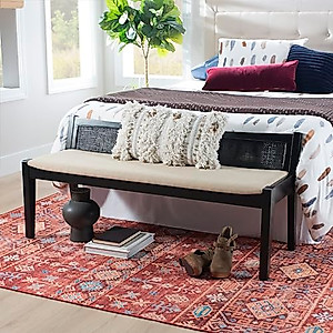 Powell Kasi Black Low Back Cane Bench with Beige Upholstered Seat