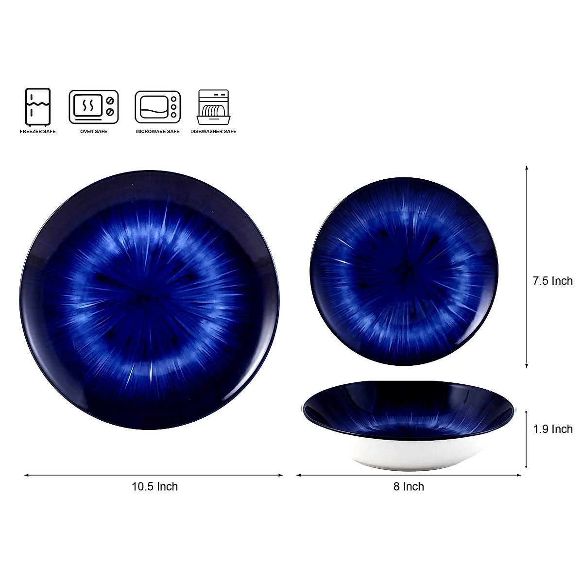 Bestone 12 Piece Round Kitchen Dinnerware Set,Plates and Bowls sets,Dishes, Plates, Bowls, Dish Set，Plates and Bowls,Service for 4, Chip Resistant Porcelain (Dark Blue)