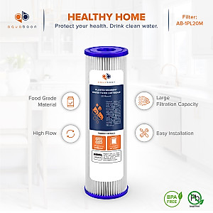 Aquaboon 20 Micron Pleated Sediment Filter Cartridge 10" x 2.5" Whole House Water Filter Replacement Compatible with WFPFC3002, WHKF-WHPL, 6-Pack