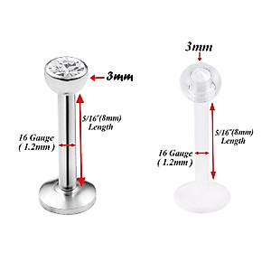 bodyjewellery 3pcs 16g 5/16 Labret Stud Lip Ring Snake Bite Conch Forward Helix Monroe Tragus Dahlia Marilyn Internally Threaded - Clear