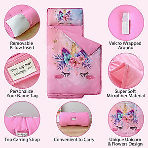 Unicorn Toddler Nap Mats for Preschool Daycare Girls Pink Cartoon Kids Sleeping Mats Toddler Slumber Bag Nap Pad with Removable Pillow for Girls Boys Kindergarten Sleepovers Travel and Camping