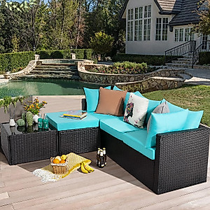VITESSE Patio Furniture Sets All Weather Outdoor Sectional Sofa Manual Weaving Wicker Rattan Patio Conversation Set with Cushion and Glass Table (5 Pieces, Light Blue)