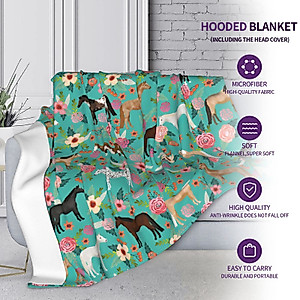 HIONHSW Horses and Flowers Hooded Blanket Anti-Pilling Flannel Wearable Blanket Hoodie-Plush Warm Blanket Throw Blankets Fit for Kids, Adults, Teens