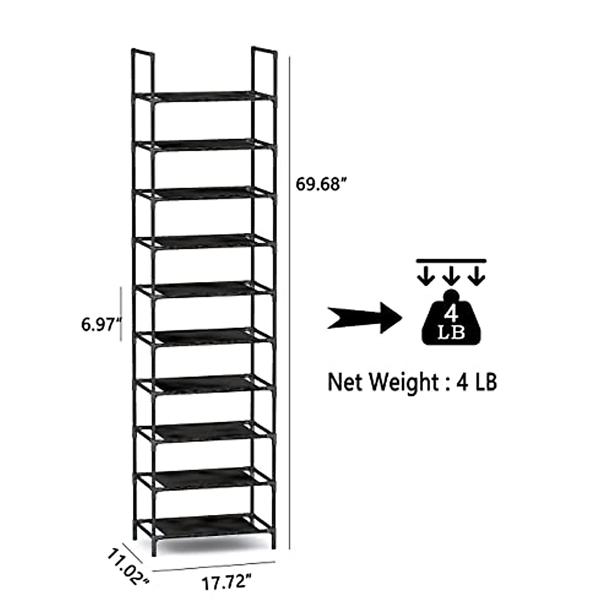 Wodeer Shoe Rack,10 Tiers Tall Free Standing Shoe Racks,Narrow Shoe Storage 20-24 Pairs Shoes, Space-Saving Shoe Shelf Organizer for Closet,Entryway,Metal Frame&Non-Woven Shelves,Black.