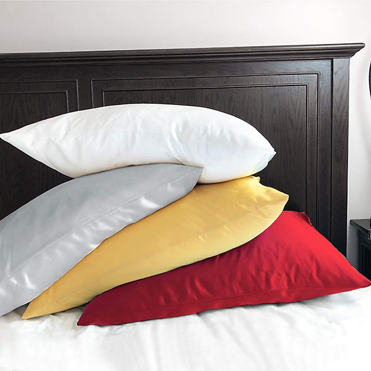 FLXXIE 2 Pack Zipped Satin Standard Pillowcases for Hair and Skin, Silky and Super Soft (20"x26") Zippered Satin Pillow Cases, Red, 20x26 Inches