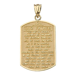 Sideways Crosses Religious Jewelry Solid 10k Yellow Gold Lord's Prayer Our Father Dog Tag Style Necklace, 16"