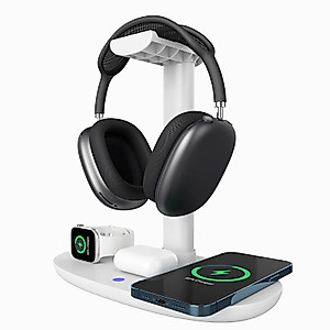 Headphone Stand with 15w Wireless Charger, Suguder 4 in 1 Charging Station Headset Holder for AirPods Max/Pro/4/3/2 iWatch 10/9/8/7/6/5/4/3/2/1/SE iPhone 16/15/14/13/12/11/X for Desktop Table Game