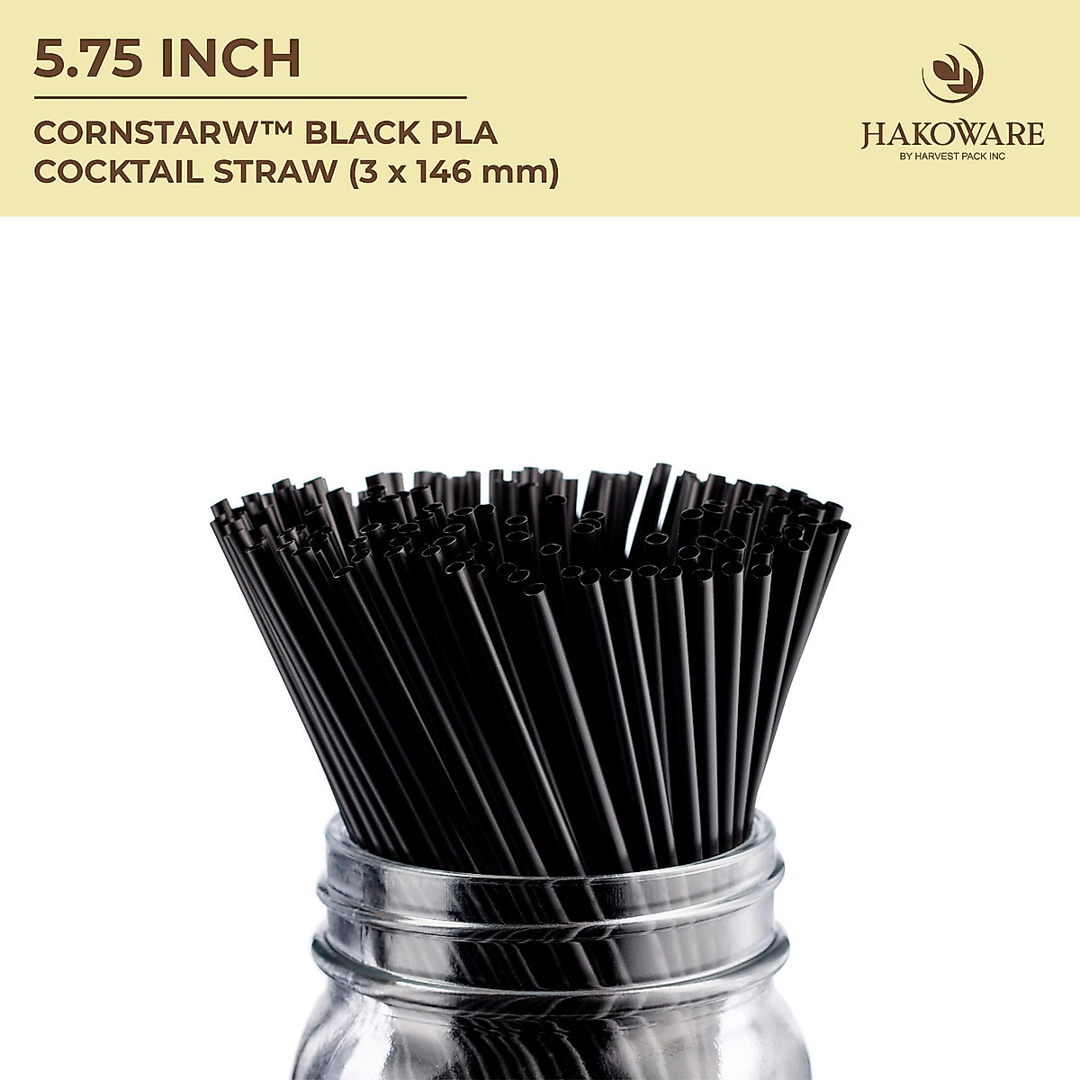 [500 COUNT] CORNSTRAW 5" Black PLA Cornstarch Plasticless Disposable Drink Stirrer Cocktail Straw
