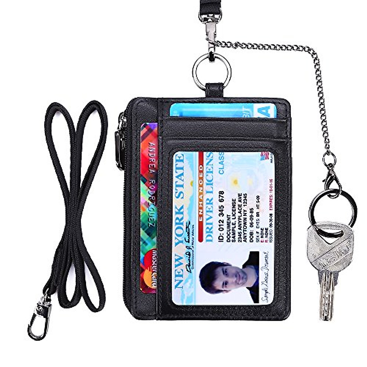 kinzd Slim Minimalist Zipper Credit Card Holder Leather Front Pocket Wallet with Keychain Ring Lanyard Strap
