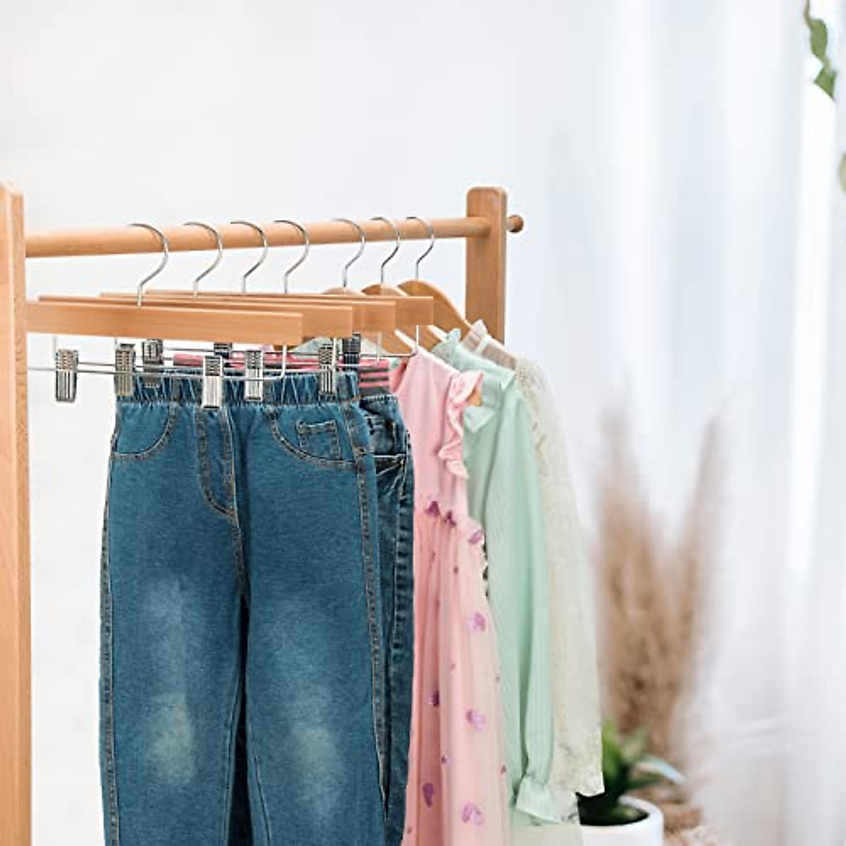 Nature Smile Kids Solid Wooden Pants Hangers,Baby Toddler Children Wood Skirts Hangers,Trousers Bottom 11.8 inches Hangers with 2-Adjustable Clips Anti-Rust Hook Pack of 20 (Natural)
