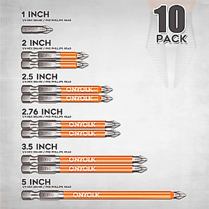 OnYolk 10-Piece Phillips Magnetic Screwdriver Bit Set, S2 Alloy Steel Anti-Slip Long Drill Bits, 1/4 Hex Shank, Fine Tooth Design, Strong Magnetism, Size 1"- 5", PH2