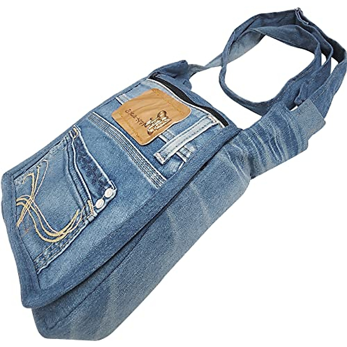 BDJ Upcycling Blue Denim Jeans Oblong Small Cross Body Shoulder Handbag Purse (Small Crossbody 5)