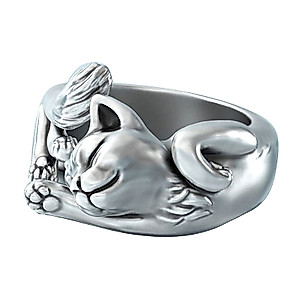 MenglisishiYsRL Exquisite Jewelry Ring Love Rings Vintage Unisex Sleeping Cats Silver Plated Opening Finger Ring Jewelry Gift Wedding Band Best Gifts for Love with Valentine's Day - Silver Black
