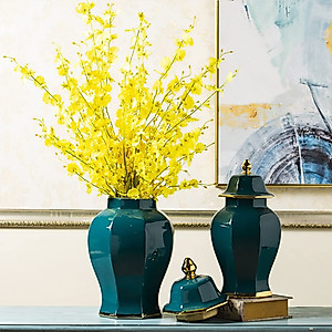 Handmade Green Hexagon Ginger Jar Vase Ornament, Home & Living Room Decorative Jar, Gold-Plated Ceramic Temple Jar (Size : Large)
