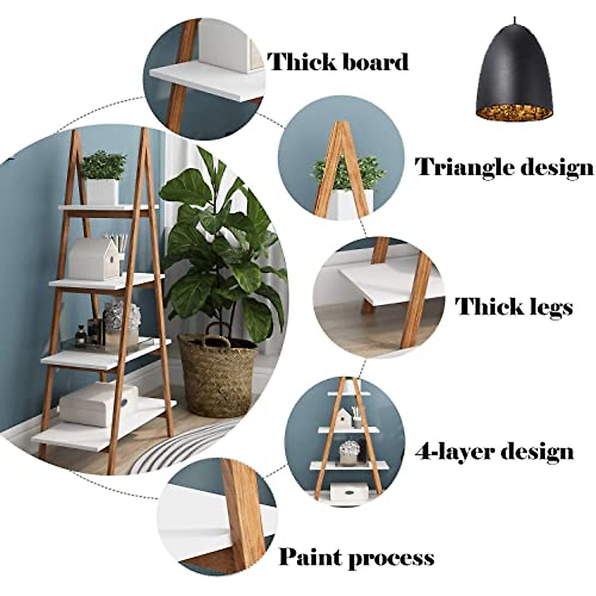 DKLGG 4-Tier Bookshelf Wooden Ladder Shelf Wooden Bookcase A- Shaped with Bamboo Frame, Freestanding Plant Stand Open Shelf, Decorative Plant Shelves for Living Room, Bedroom, Home Office(White)