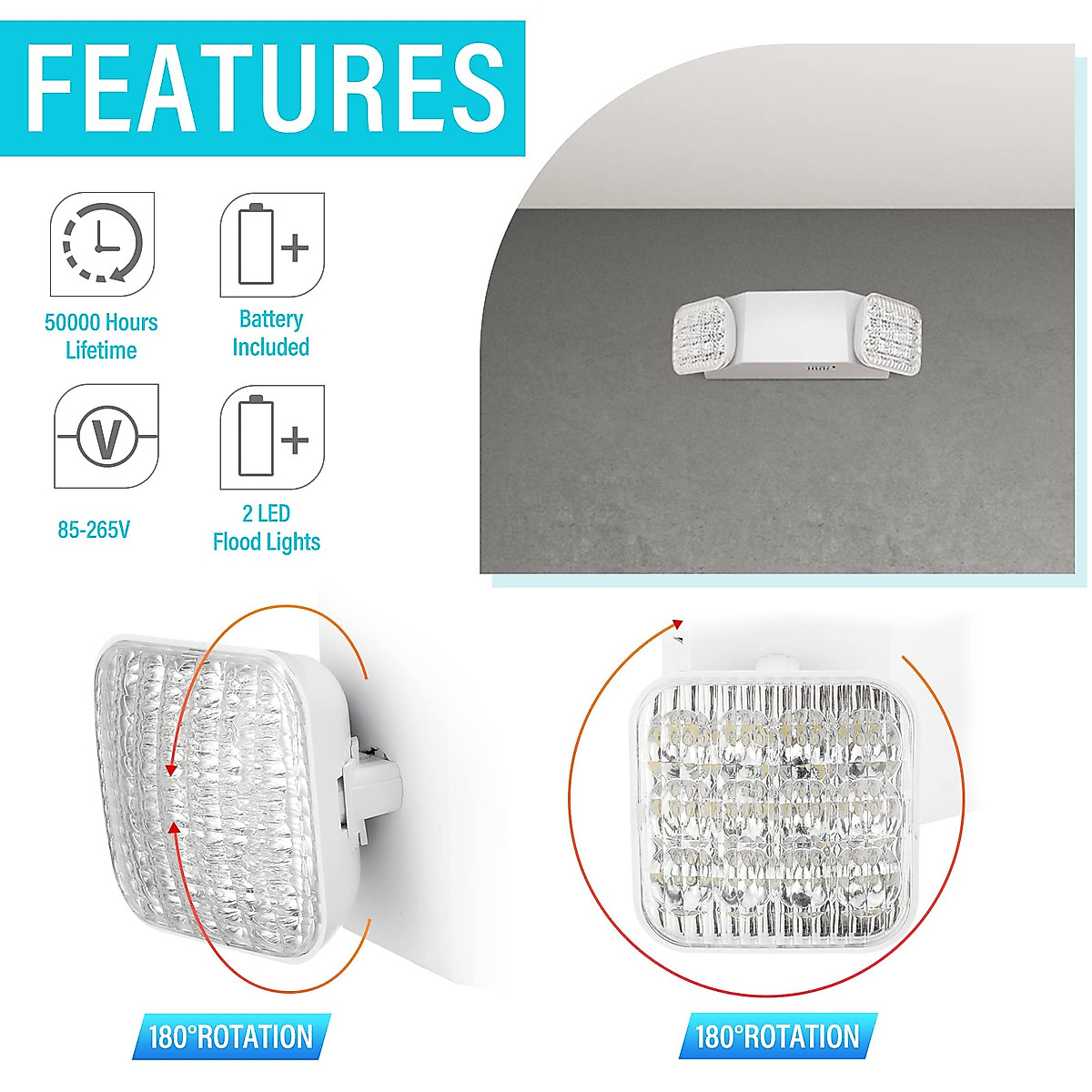 ROCEEI 12 Pack Emergency Lights Commercial Emergency LED Flood Lights Backup Battery Emergency Exit Lighting Fixtures 2 LED Head Wall Mount White for Hallways Stairways (Wire Connect Style)